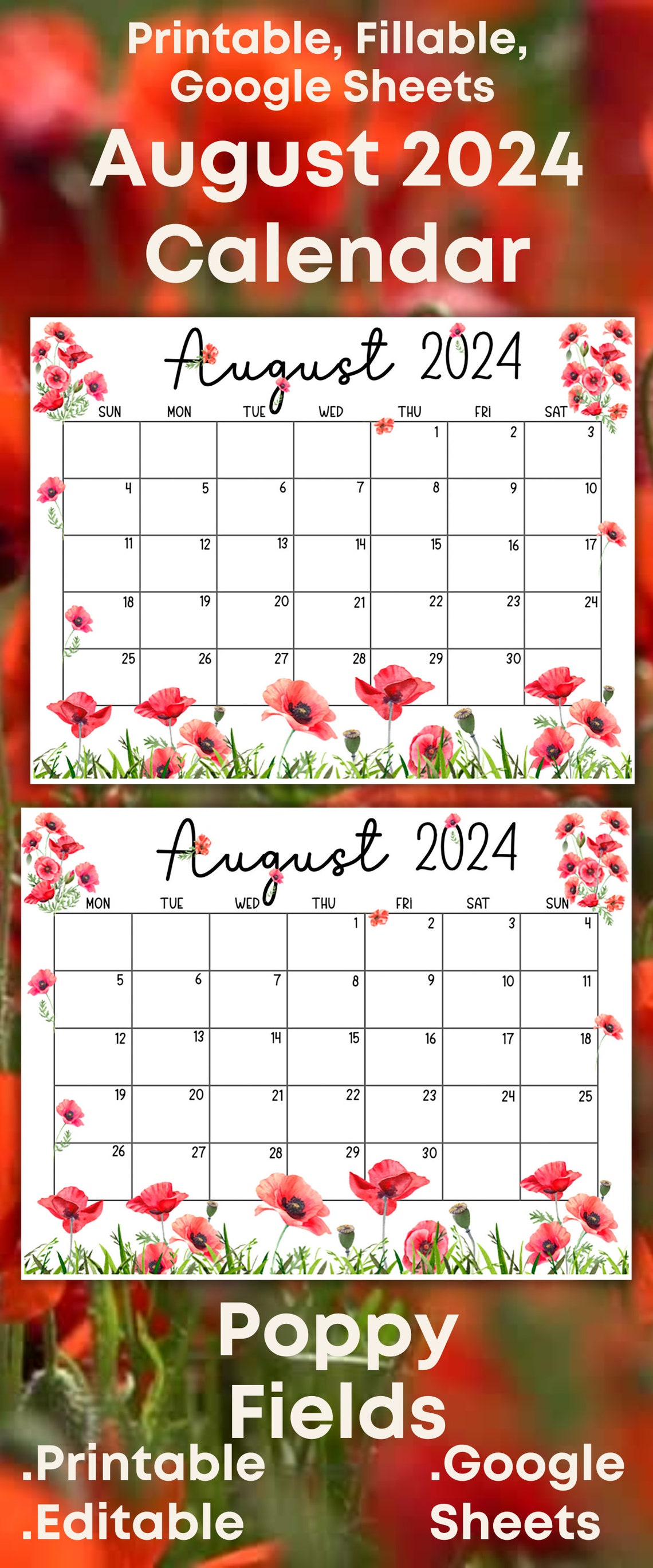 Monthly Calendar August Poppy Calendar Printable Fillable Monthly ...