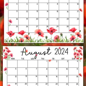 Monthly Calendar August Poppy Calendar Printable Fillable Monthly ...