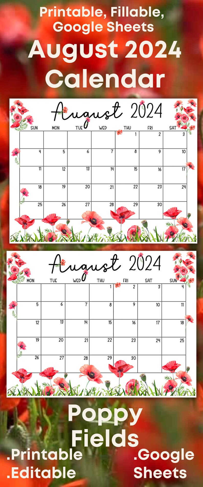 Monthly Calendar August Poppy Calendar Printable Fillable Monthly ...