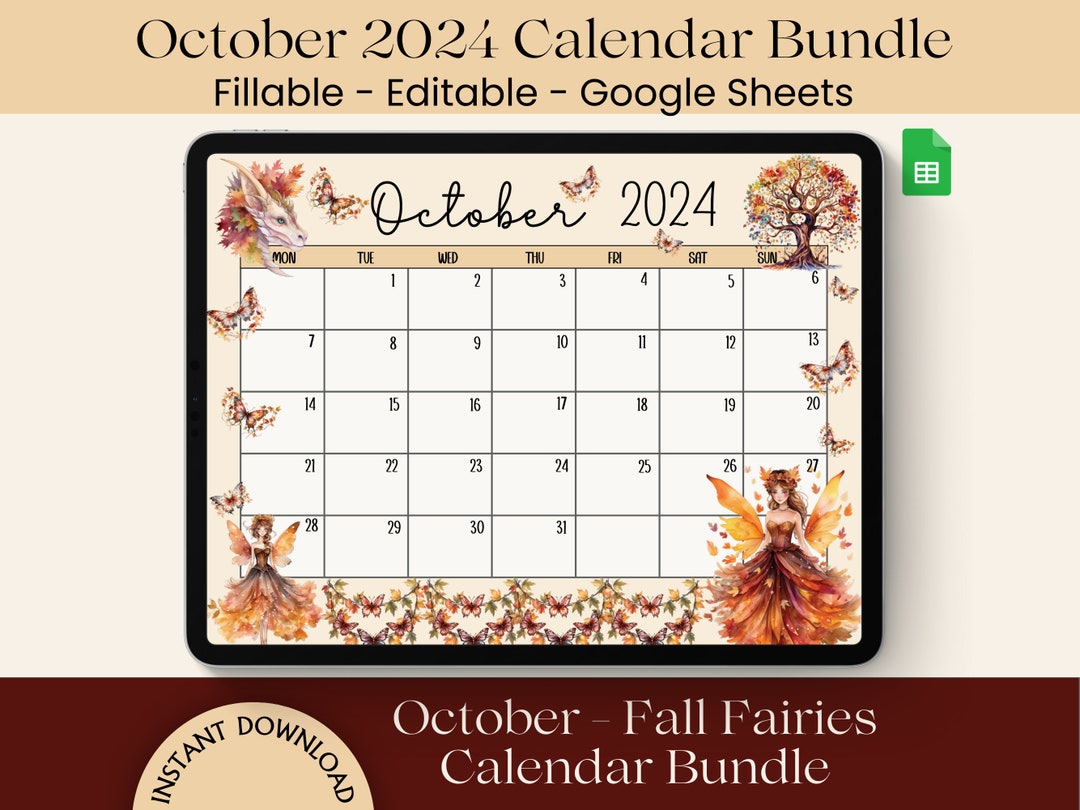 Editable Fall Calendar for October 2024 With Cute Fairy Clipart ...