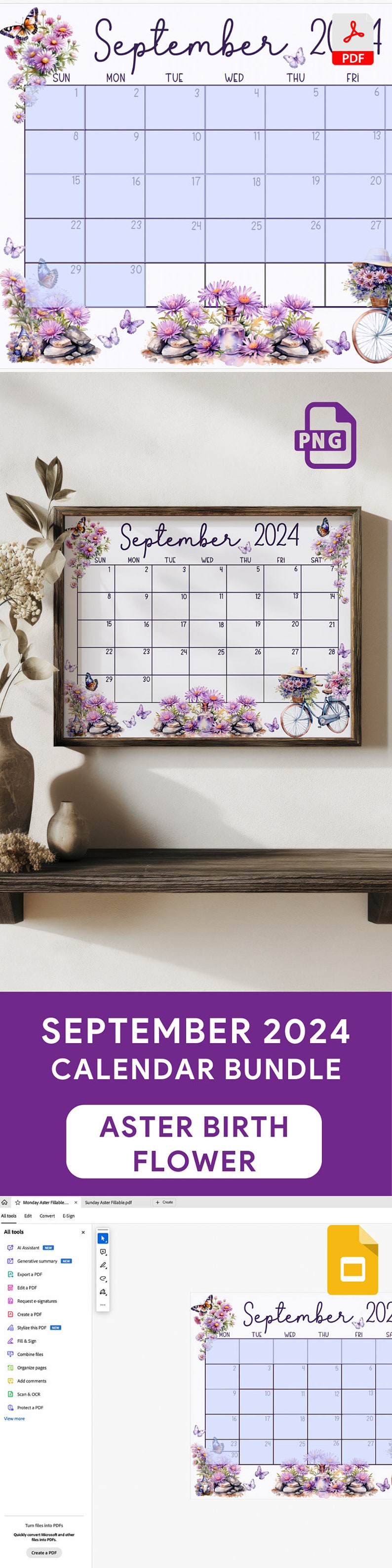 September 2024 Calendar Printable Wall Birth Flower Decor Classroom ...