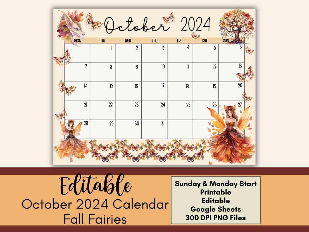 EDITABLE October 2024 Calendar Printable Wall Autumn Decor for ...