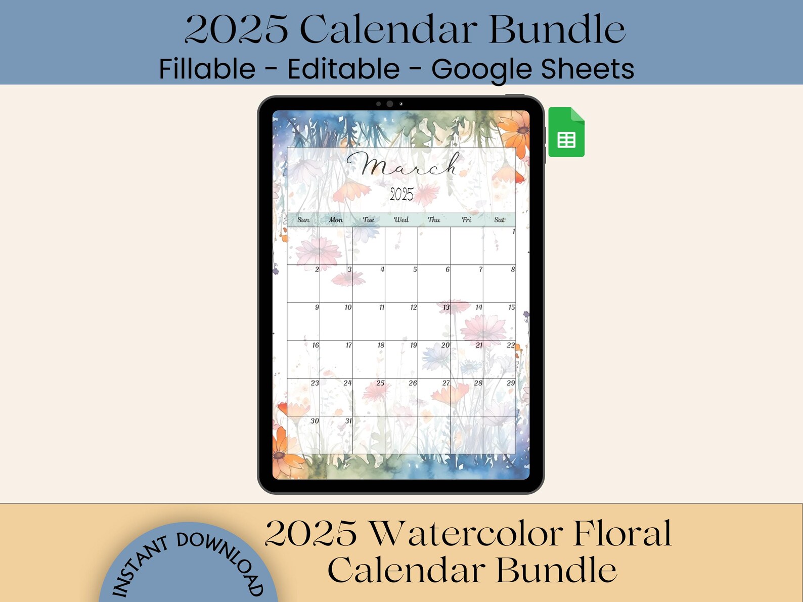 2025 Watercolor Floral Monthly Calendar Bundle | Sunday & Monday Starts ...