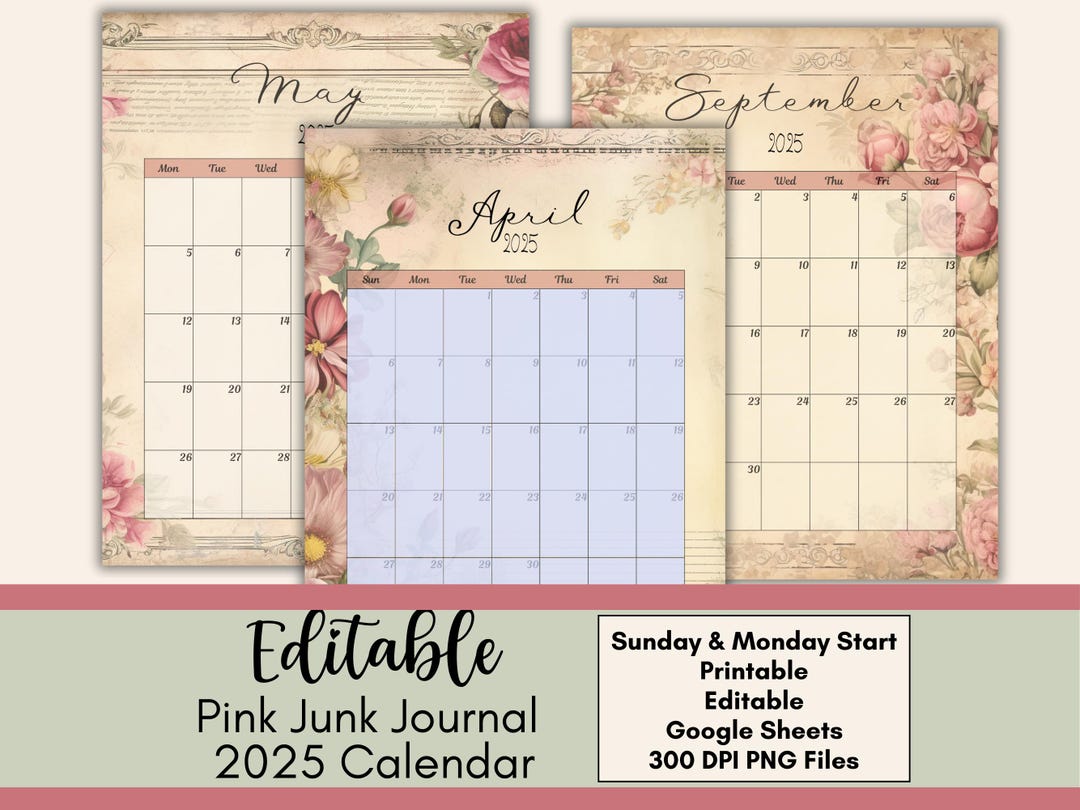2025 Pink Floral Monthly Calendar Bundle Junk Journal Sunday & Monday ...