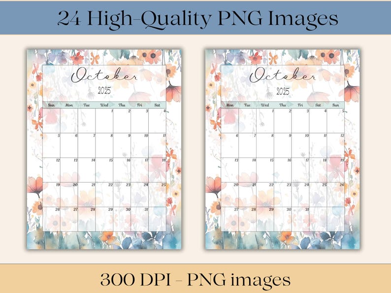 2025 Watercolor Floral Monthly Calendar Bundle | Sunday & Monday Starts ...
