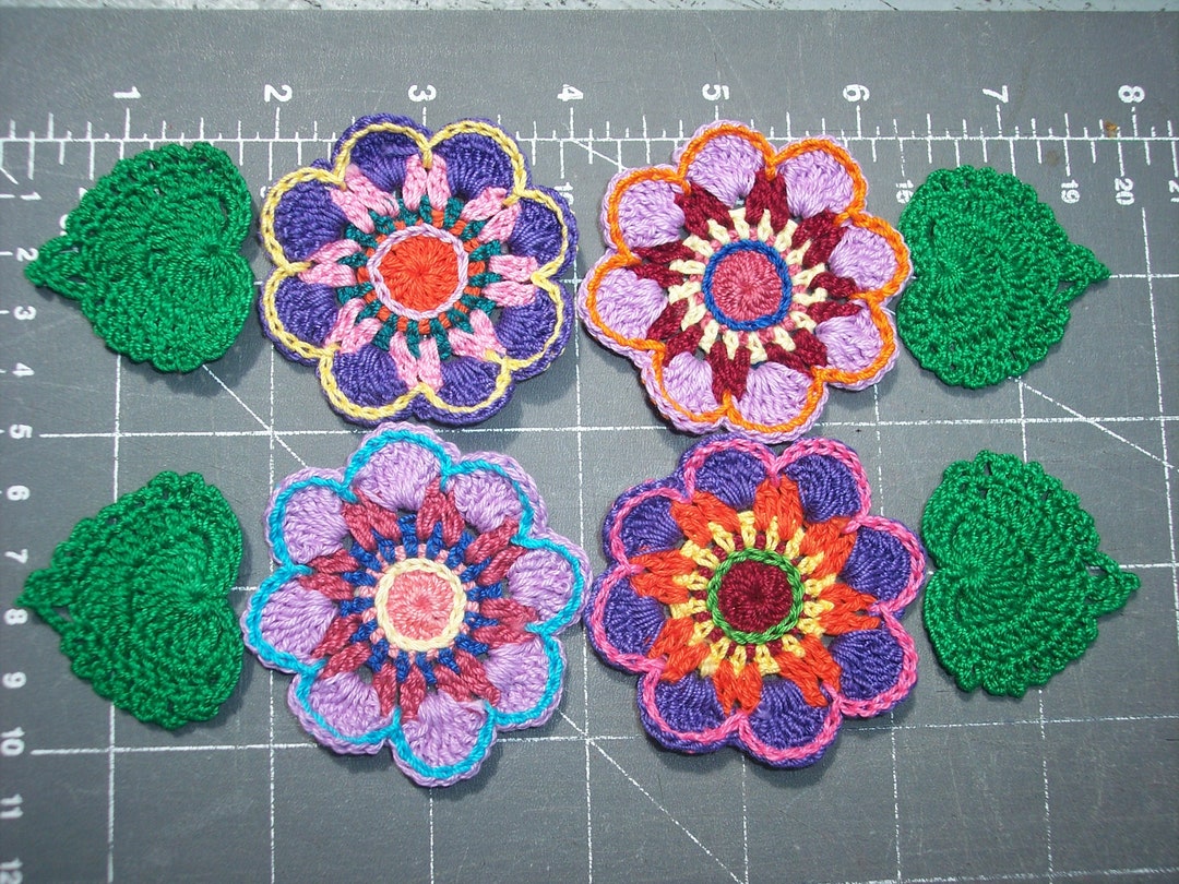 4 Handmade Cotton Thread Crochet Applique Flowers With Leaves 2792 - Etsy