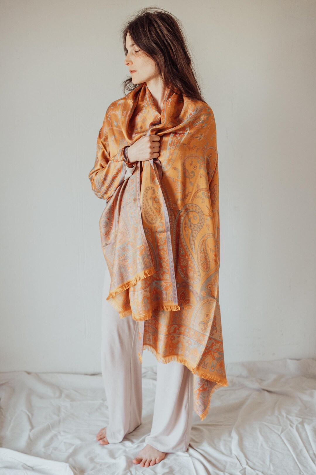 Gold Raw Silk Robe, Reversible Long Scarves, Elegant Raw Silk Shawl for ...