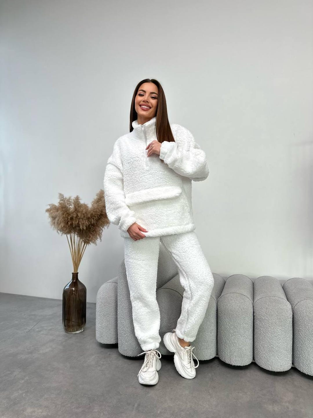 Cozy Teddy Fleece Two-piece Set Oversized Top and Jogger Pants ...