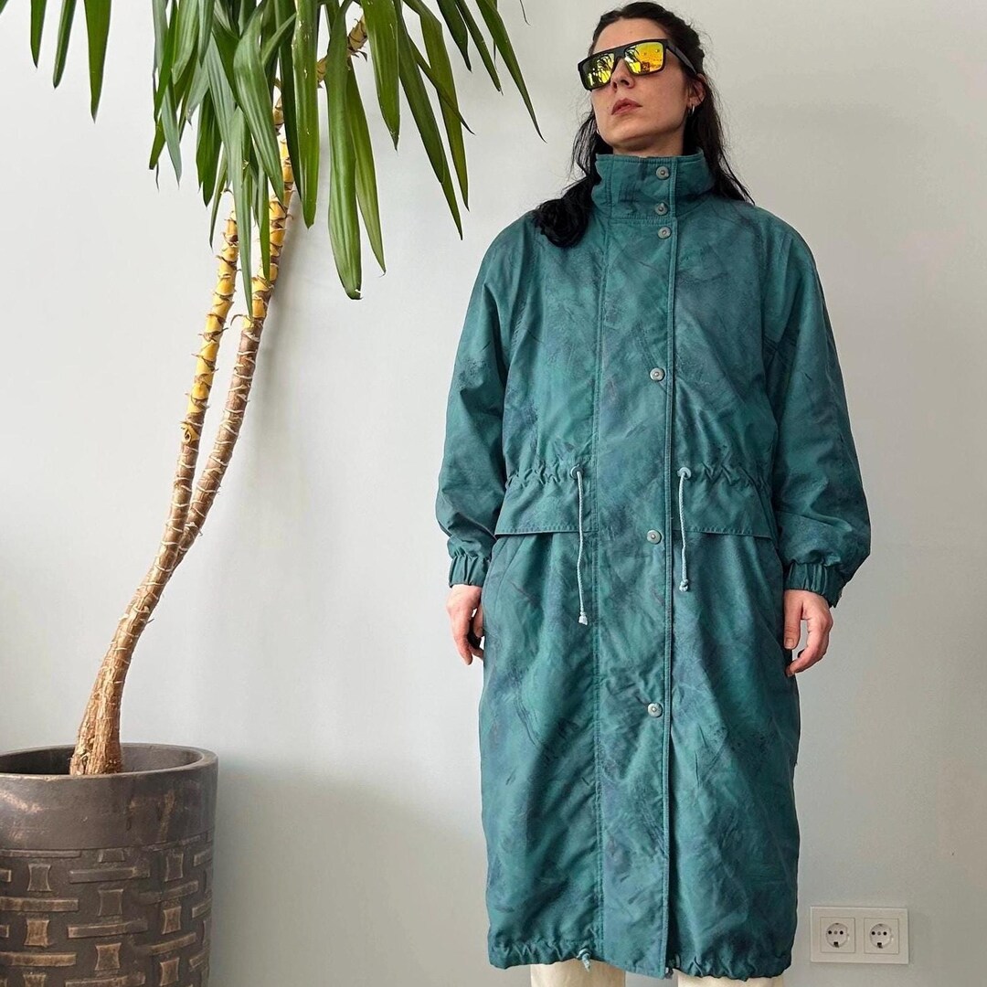 Vintage Long Coat Jacket in Teal, 80s Abstract Print, Size L - Etsy