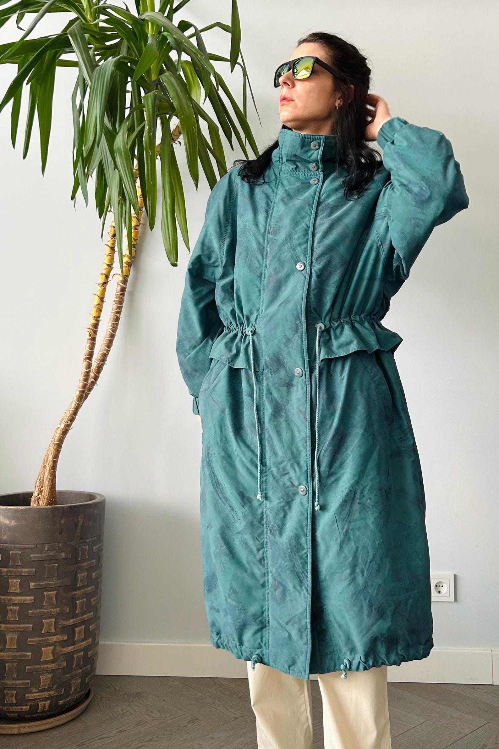 Vintage Long Coat Jacket in Teal, 80s Abstract Print, Size L - Etsy