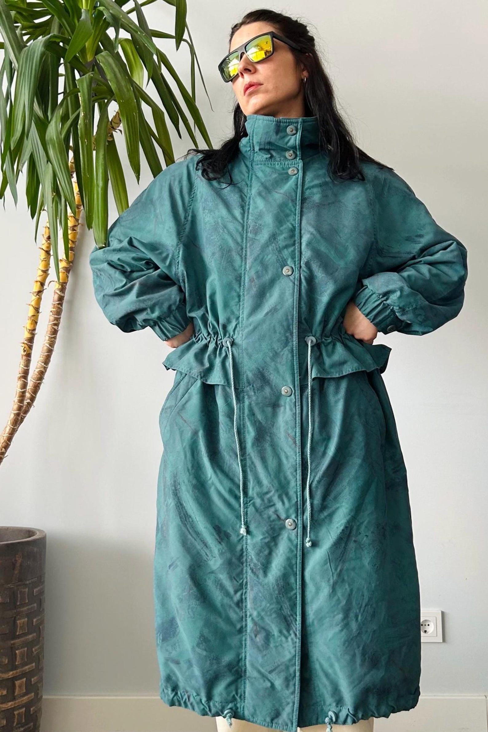 Vintage Long Coat Jacket in Teal, 80s Abstract Print, Size L - Etsy