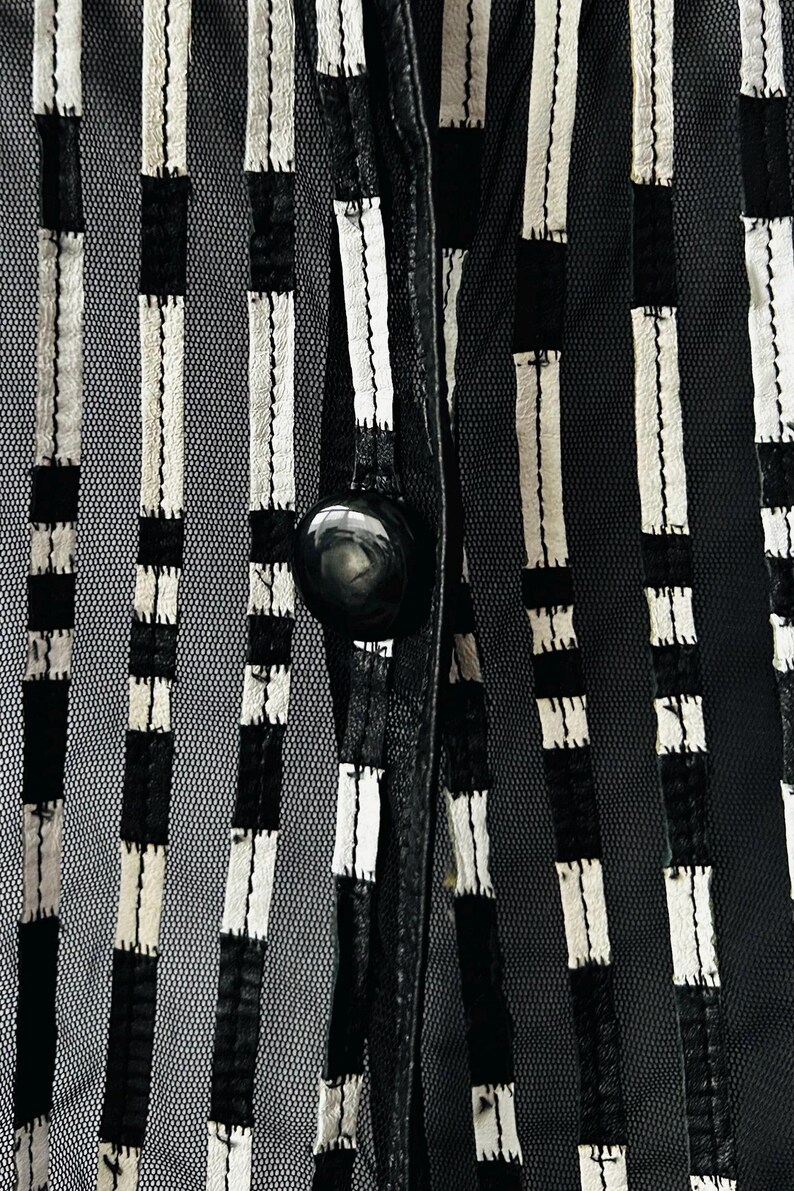 Vintage 90s Sheer Mesh Jacket | Black White Leather Stripe Geometric ...