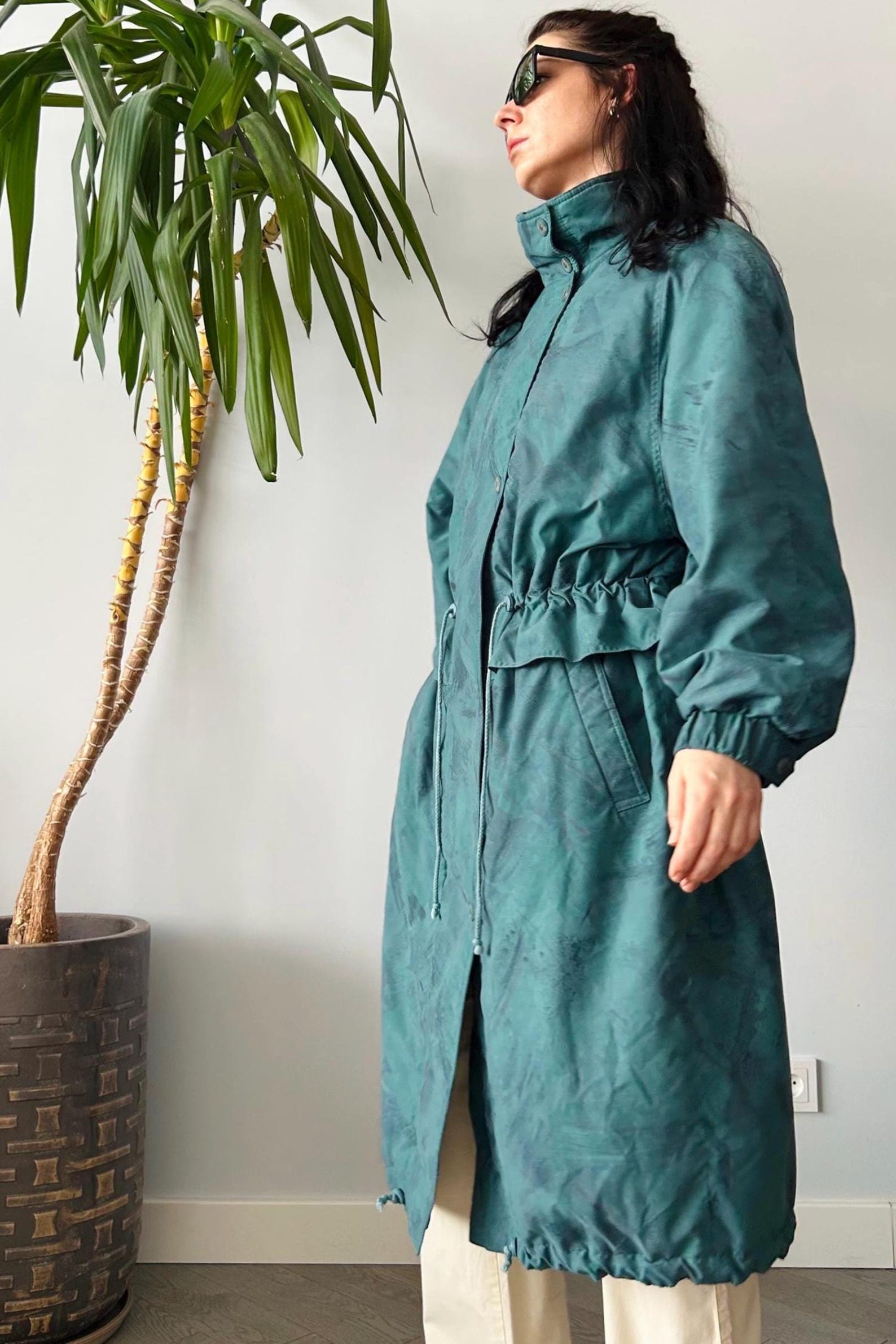 Vintage Long Coat Jacket in Teal, 80s Abstract Print, Size L - Etsy