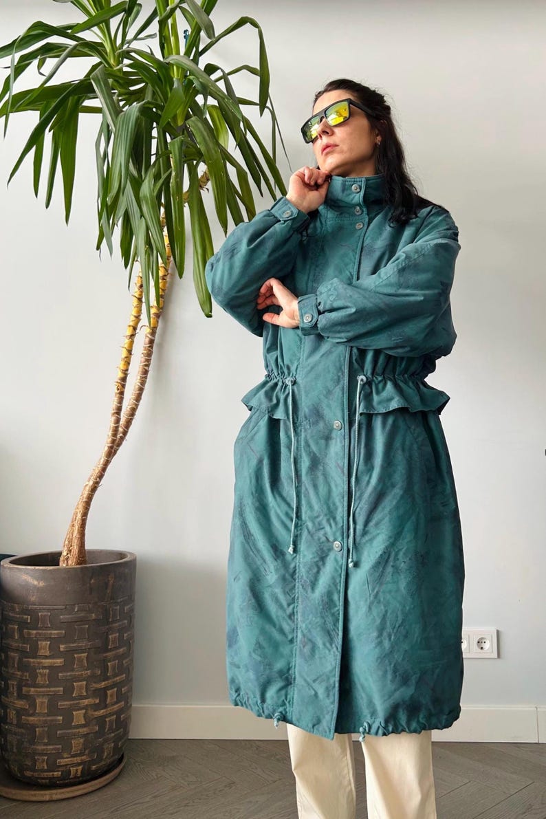 Vintage Long Coat Jacket in Teal, 80s Abstract Print, Size L - Etsy