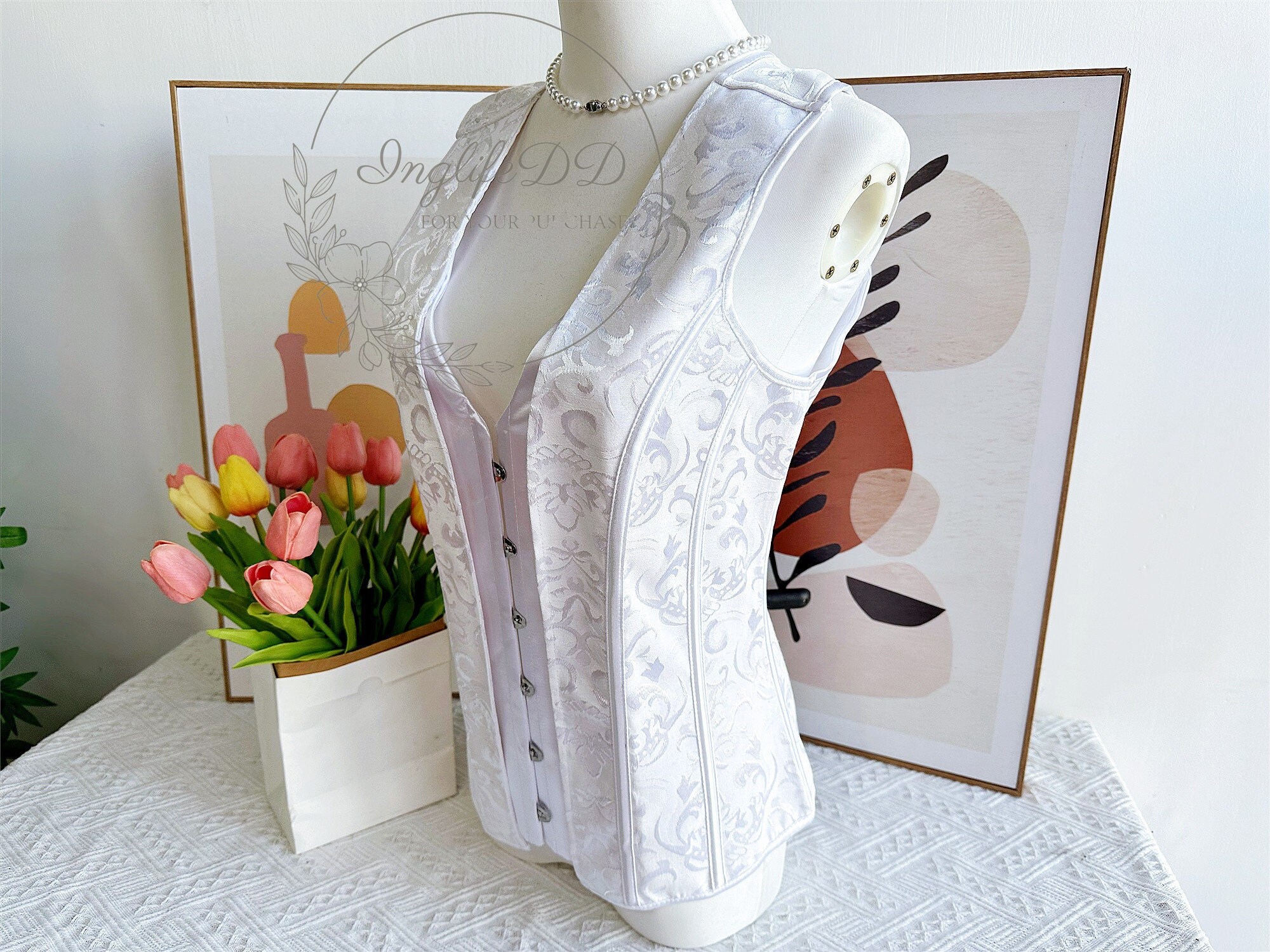 White Corset Vest/ Pattern Corset Vest/ Men Lace up Suit Vest/ Medieval ...