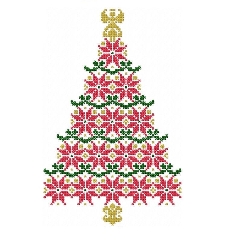 DIGITAL FILE Machine Embroidery Cross Stitch Poinsettia Christmas Tree ...