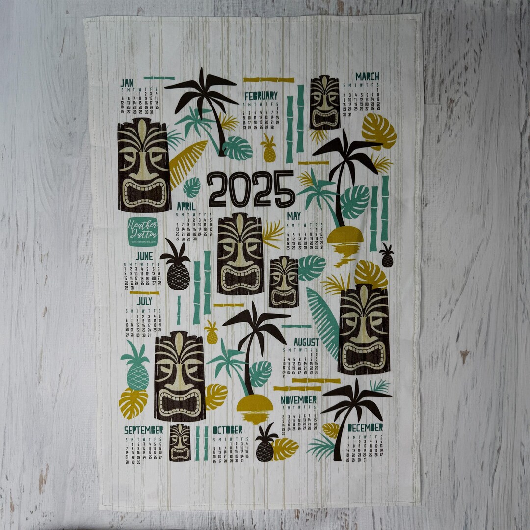 Island Tiki - 2025 Calendar - Tea Towel - Bar Towel - Linen Cotton ...