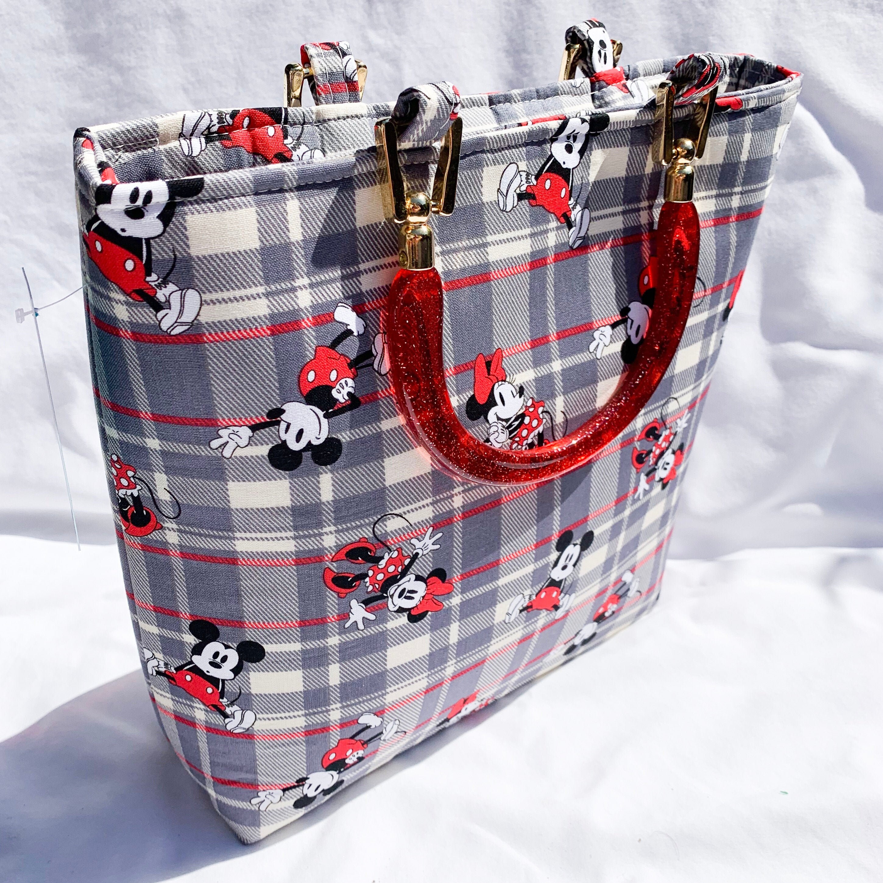 Tote Bag Purse Handbag - Mickey Mouse and Minnie Mouse Tartan Plaid