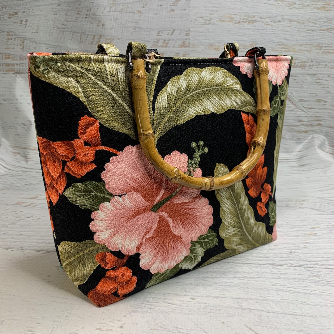 Black Barkcloth - Hibiscus and Ginger - Tote Bag - Purse - Handbag ...