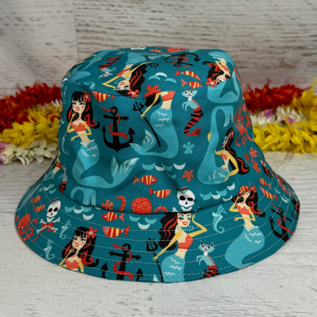 Canvas Bucket Hat - Retro Rockabilly Sirens - Blue - Summer Hat - Tiki ...