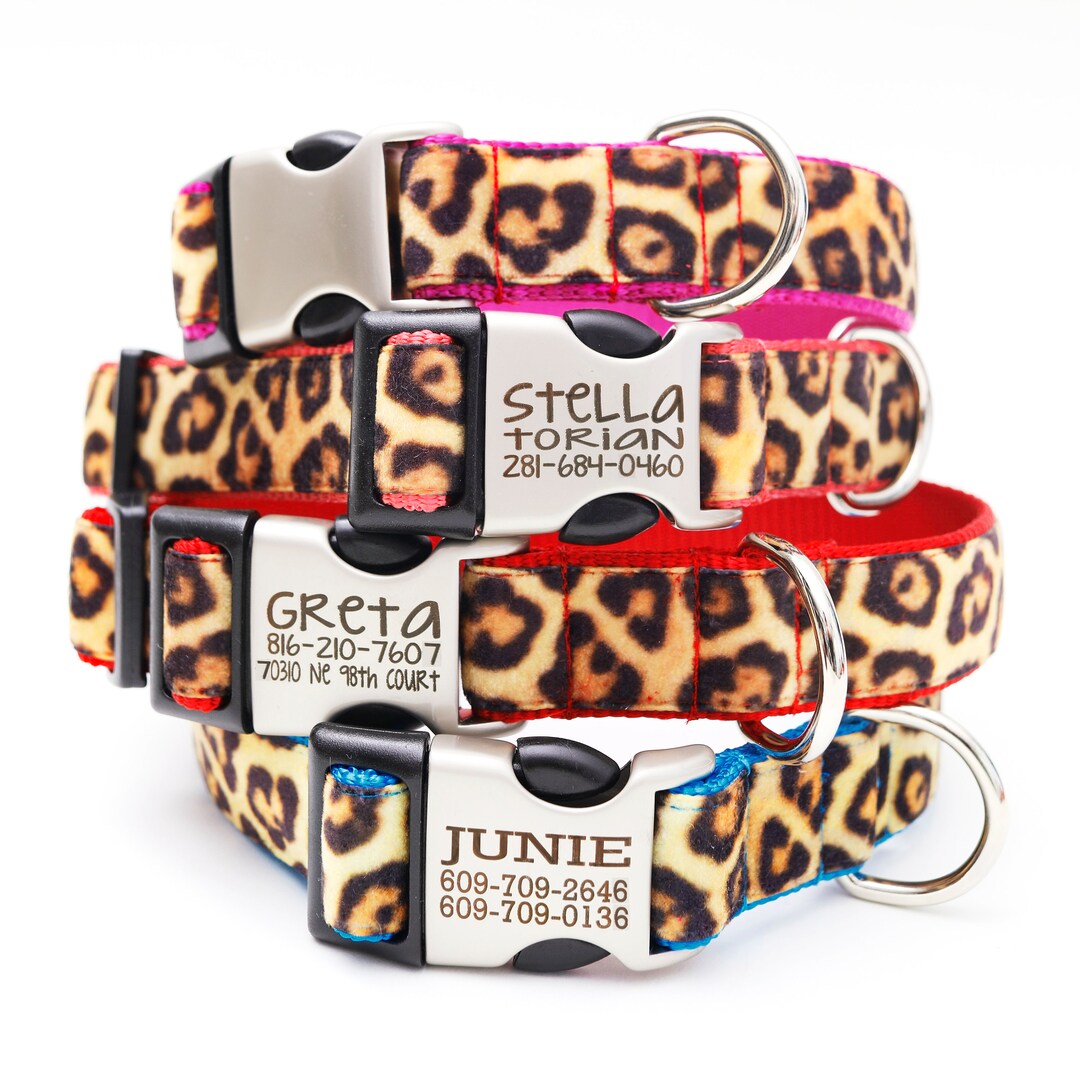 LEOPARD VELVET Personalized Engraved Buckle Dog Collar - Animal Print ...