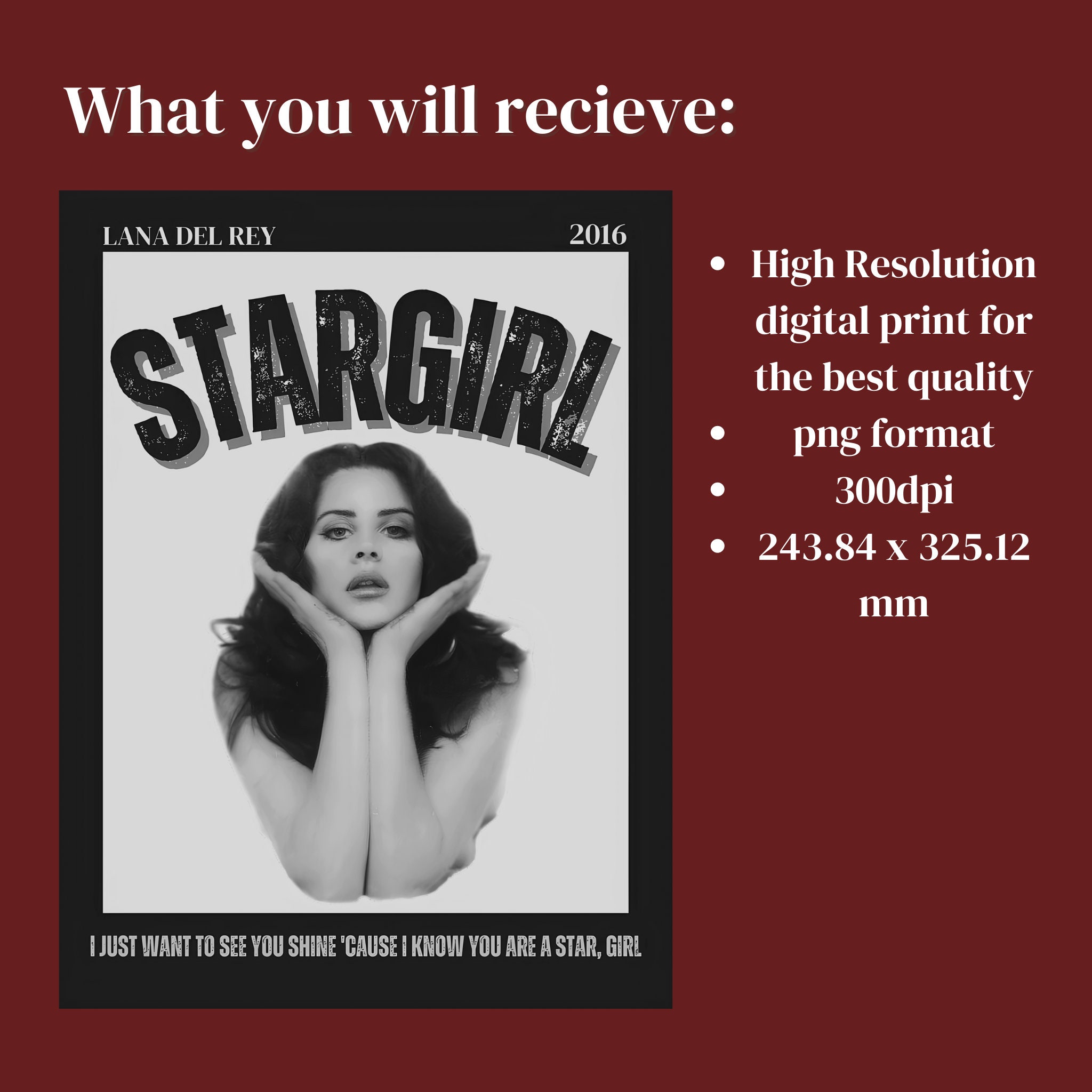Lana Del Rey Poster, Lana Del Rey Print, Lana Del Rey Stargirl, Digital ...