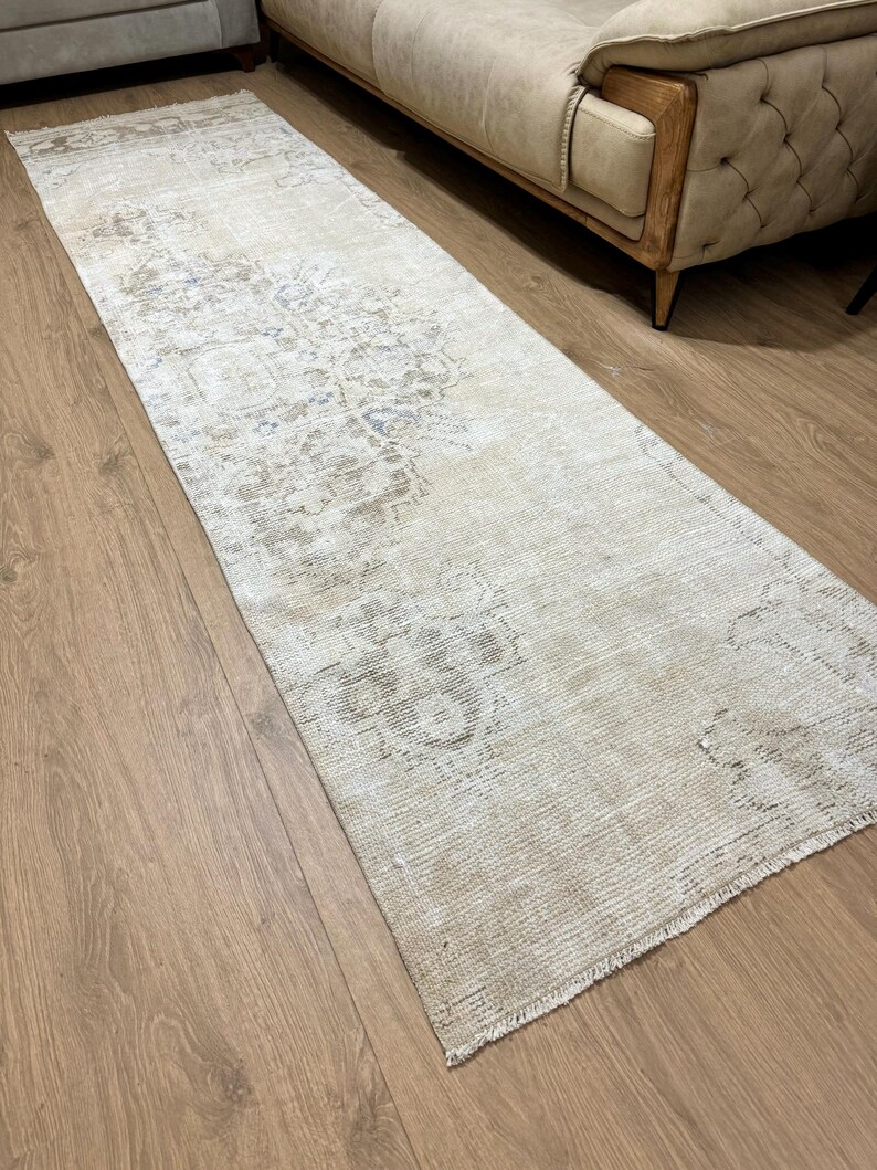 3x10 Neutral Antique Runner, Turkish Vintage Rug, Oushak Runner ...