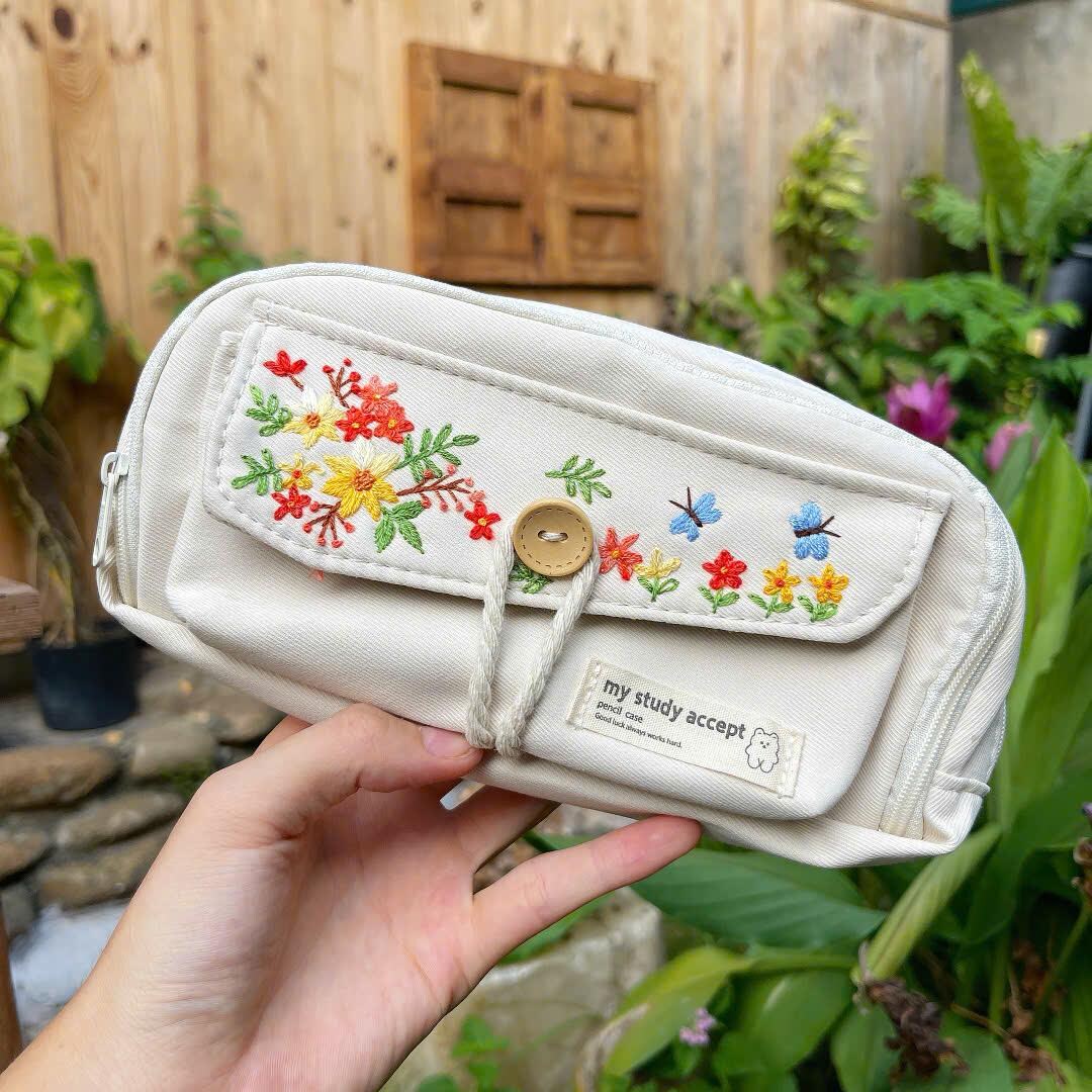 Hand Embroidered Pencil Case or Makeup Bag With Colorful Flowers and ...