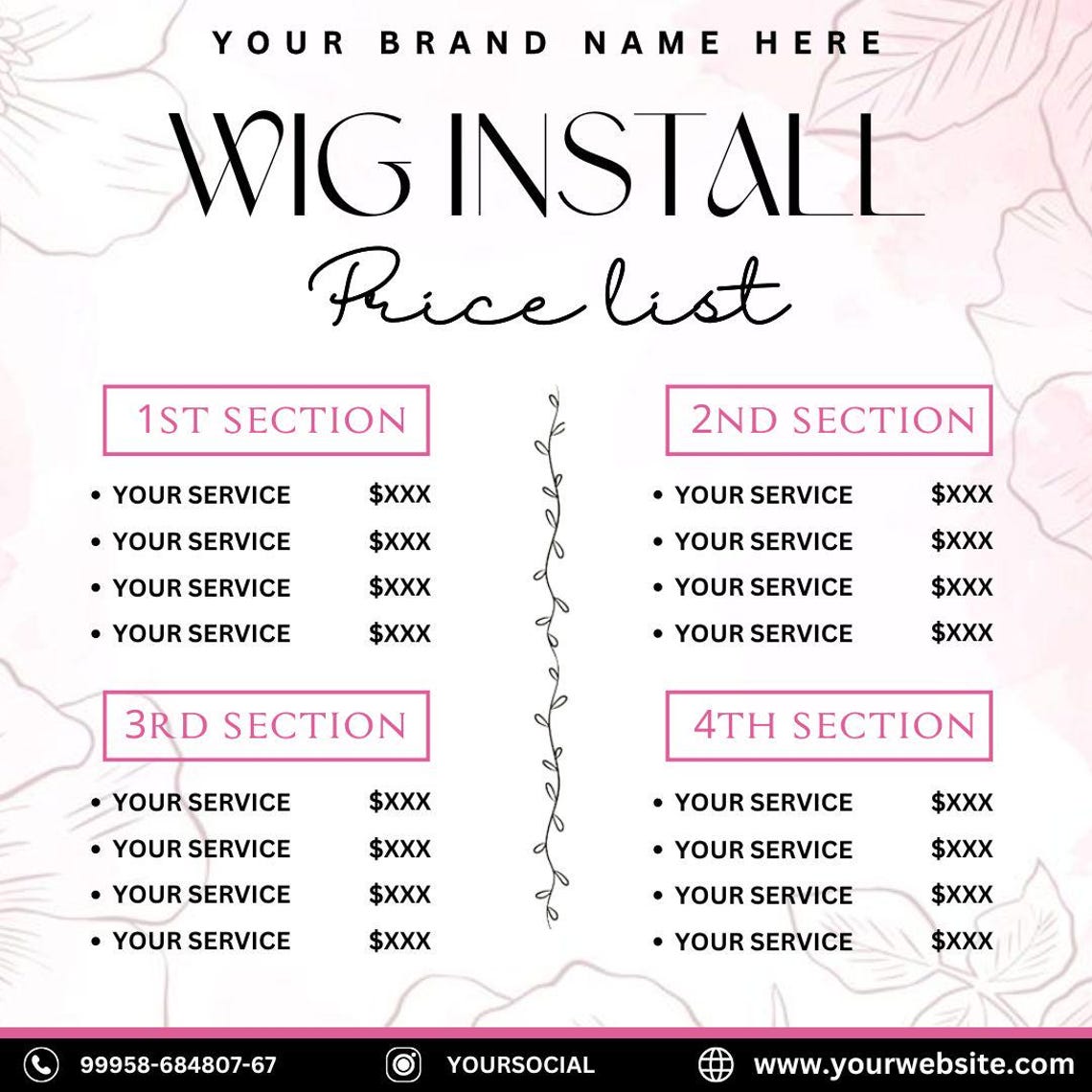 Wig Install Price List Template, Editable Beauty Salon Pricing Template ...
