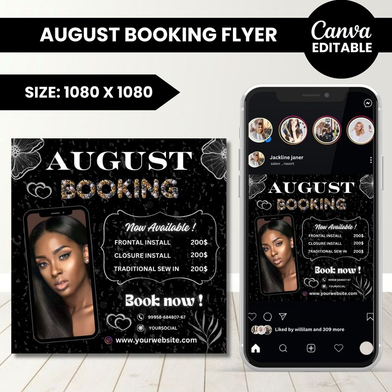 August Booking Flyer, Summer Hair Flyer Editable Template, Social Media ...