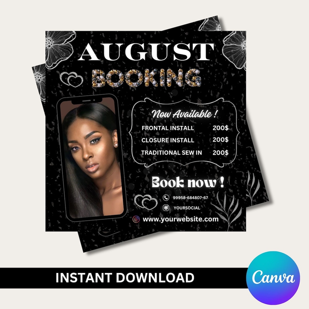 August Booking Flyer, Summer Hair Flyer Editable Template, Social Media ...