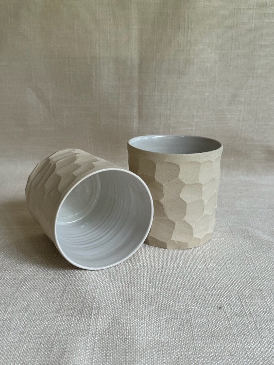 Hand Thrown Ceramic Carved Latte Cups in Raw Stoneware With Soft White ...