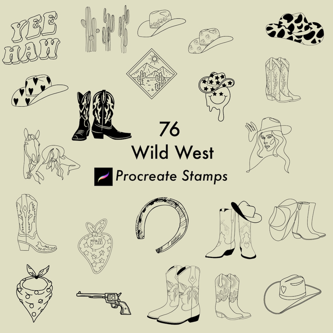 Wild West Procreate Brush Stamps | Cowboy Tattoo Procreate | Procreate ...