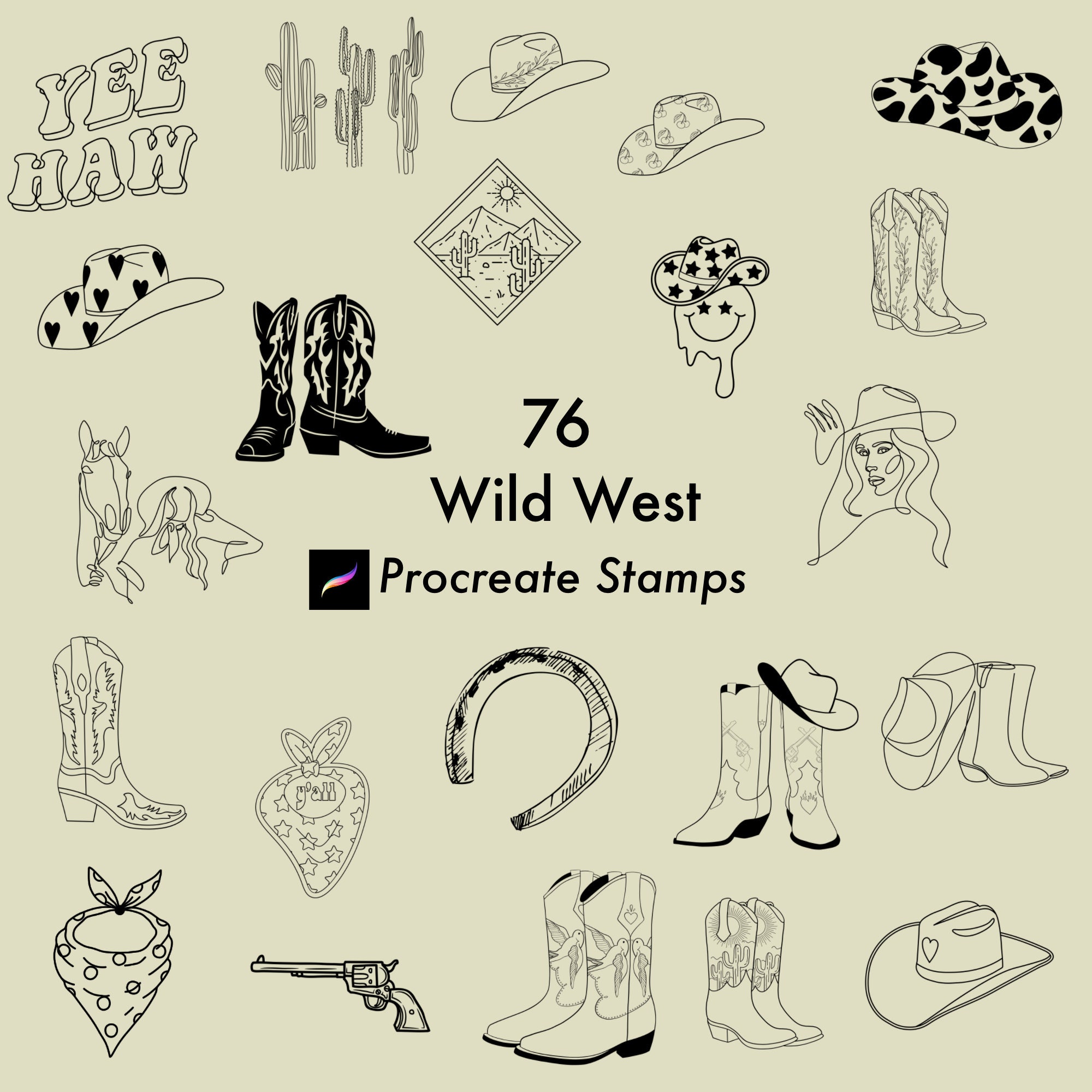 Wild West Procreate Brush Stamps | Cowboy Tattoo Procreate | Procreate ...