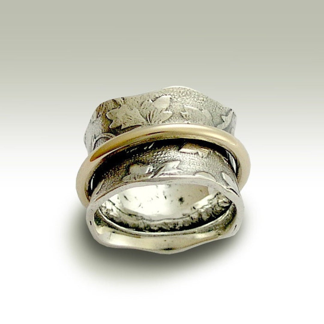 Silver Gold Ring, Wide Band, Botanical Band, Gold Ring, Meditation Ring ...