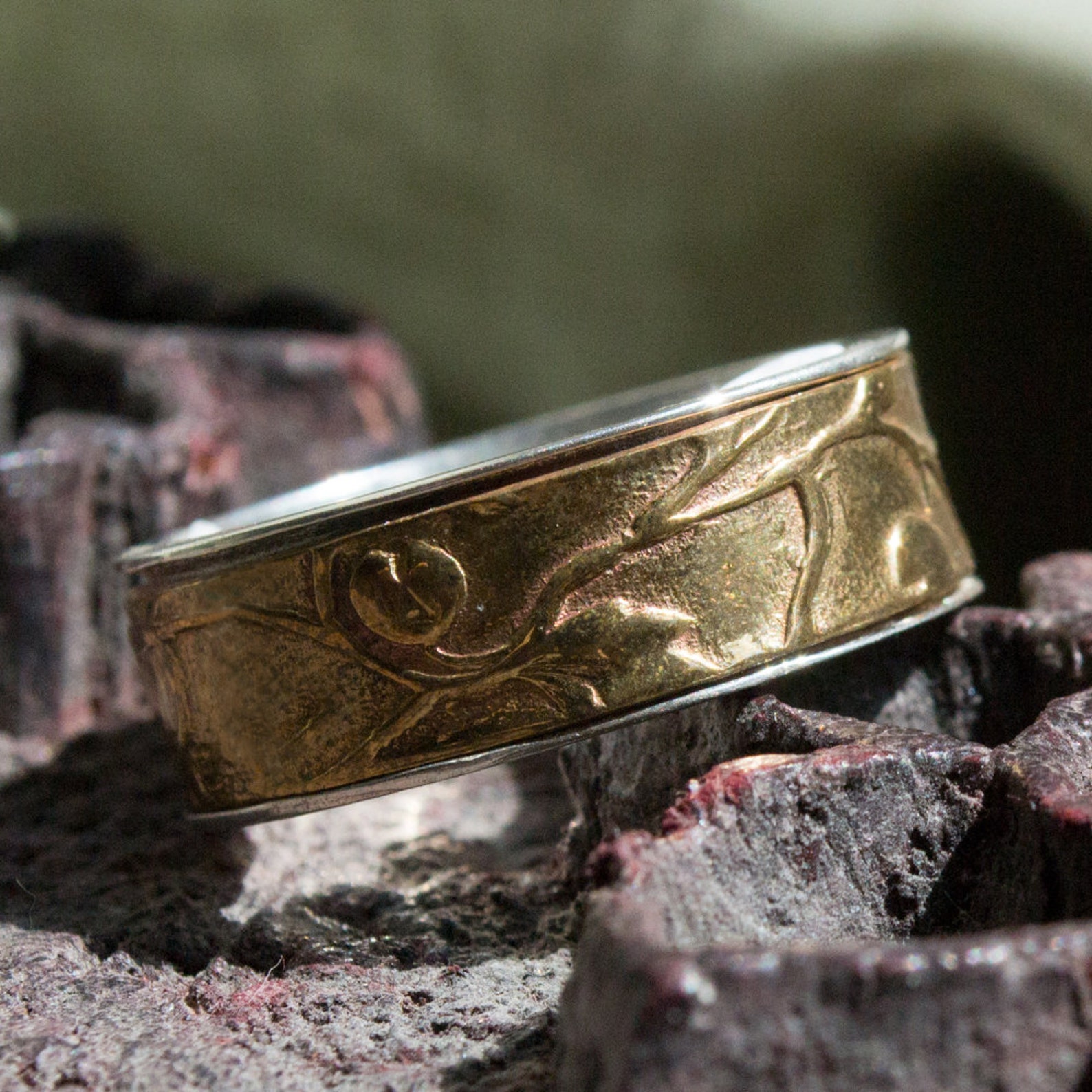Spinner Ring, Unisex Band, Silver Brass Spinner Ring, Golden Vine Band ...