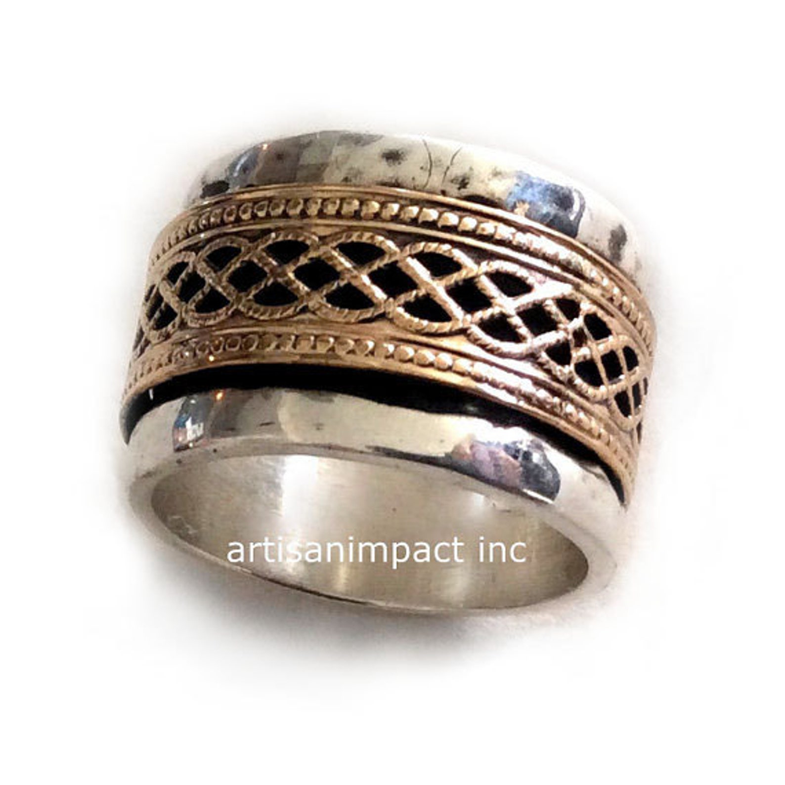 Sterling Silver Band, Spinner Ring, Silver and Brass Ring, Gold Spinner ...