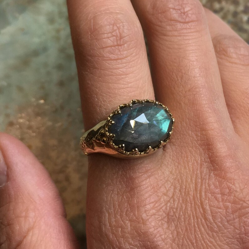 Labradorite Ring, Crown Ring, Golden Brass Ring, Gemstone Ring, Oval ...