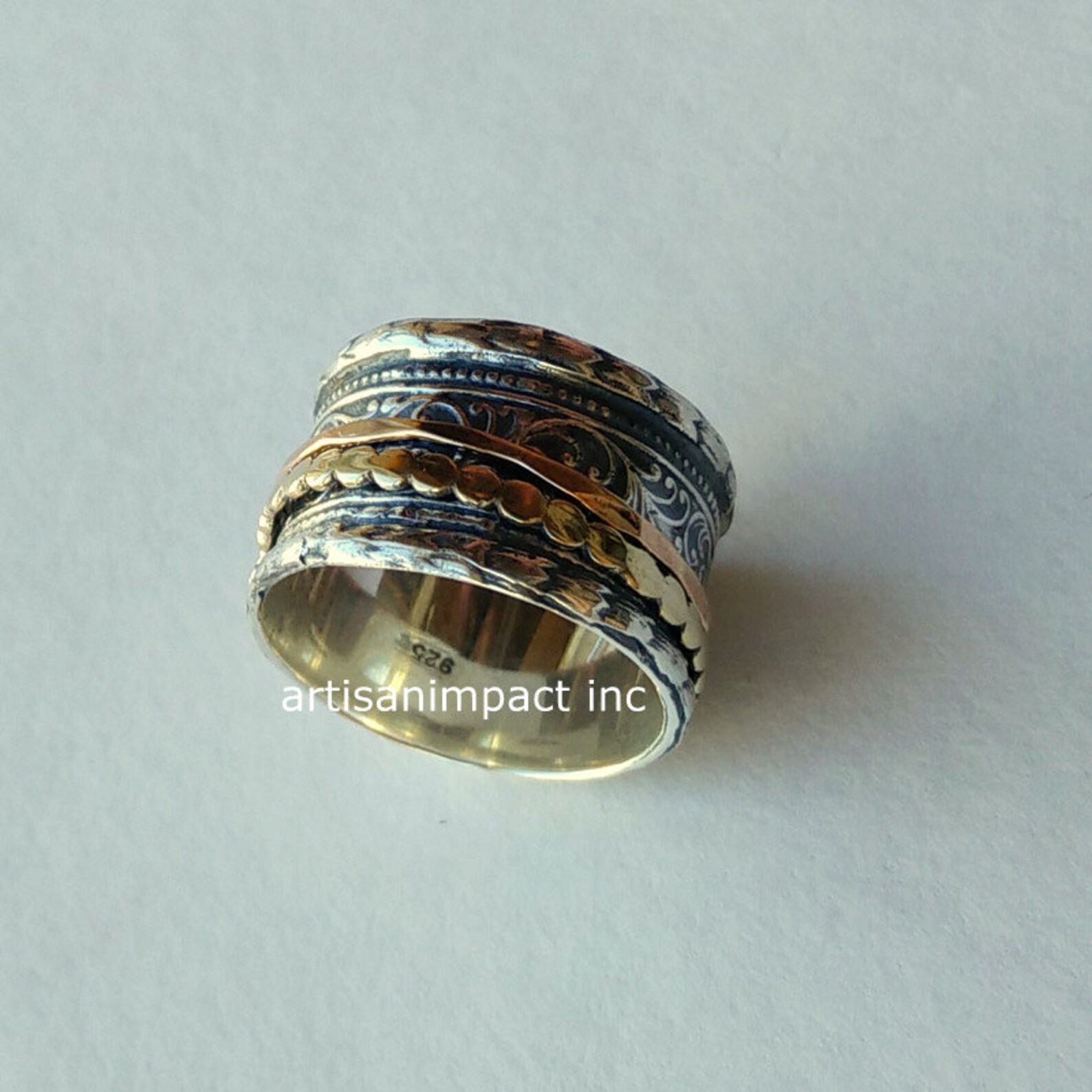 Silver Gold Ring, Spinners Ring, Wide Silver Ring, Woodland Ring ...