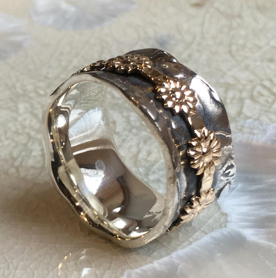 Silver Gold Wedding Band, Silver Gold Ring, Floral Spinner Ring ...
