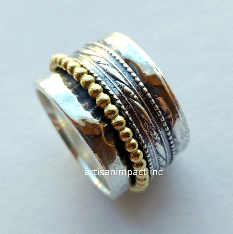 Wedding Band, Wide Oxidized Ring, Mixed Metal Ring, Wide Band, Spinners ...