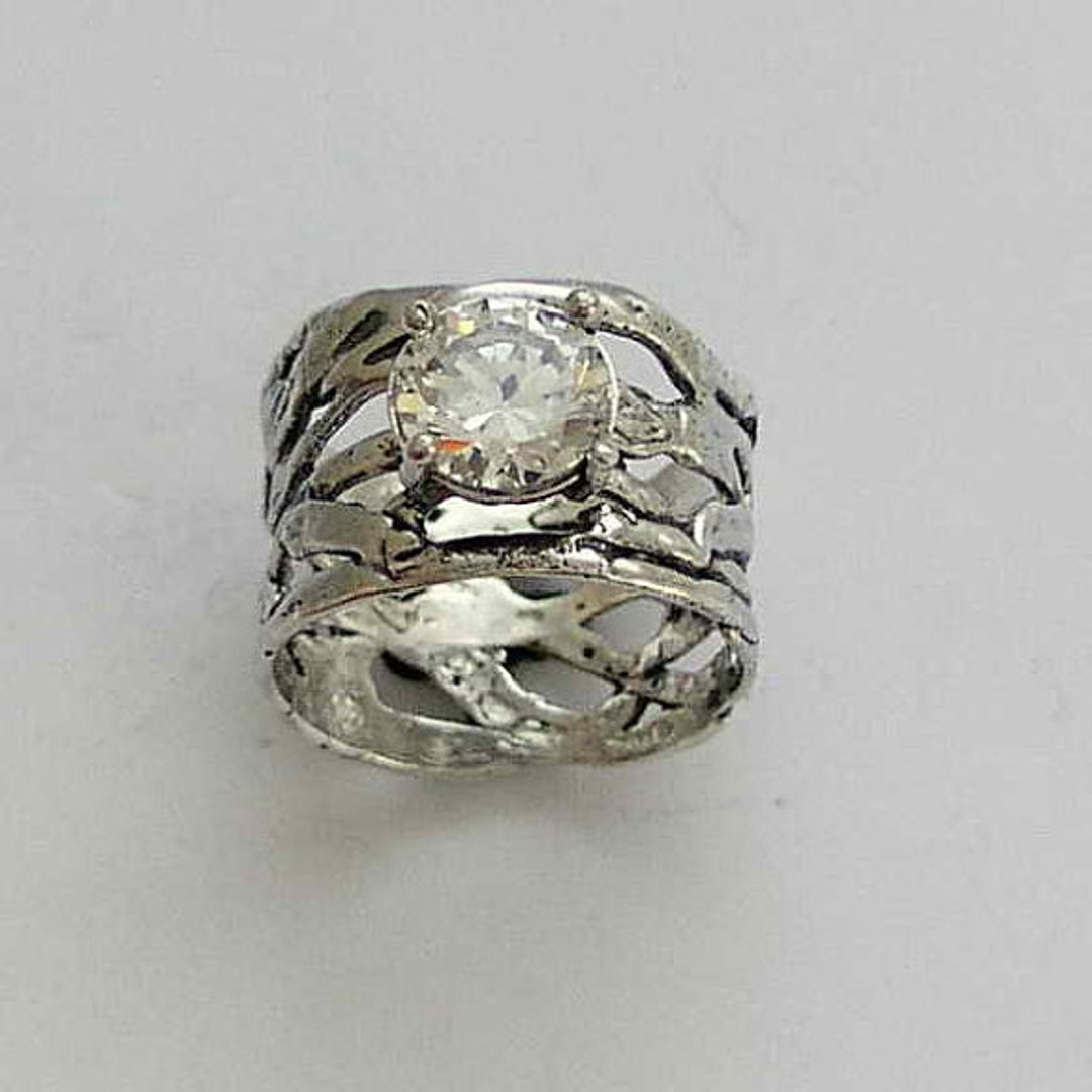 Clear Zircon Ring, Sterling Silver Zircon Ring, Wide Silver Band, Clear ...