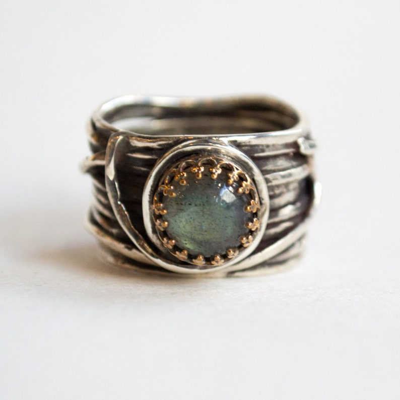 Labradorite ring Silver ring wide band two tones ring | Etsy