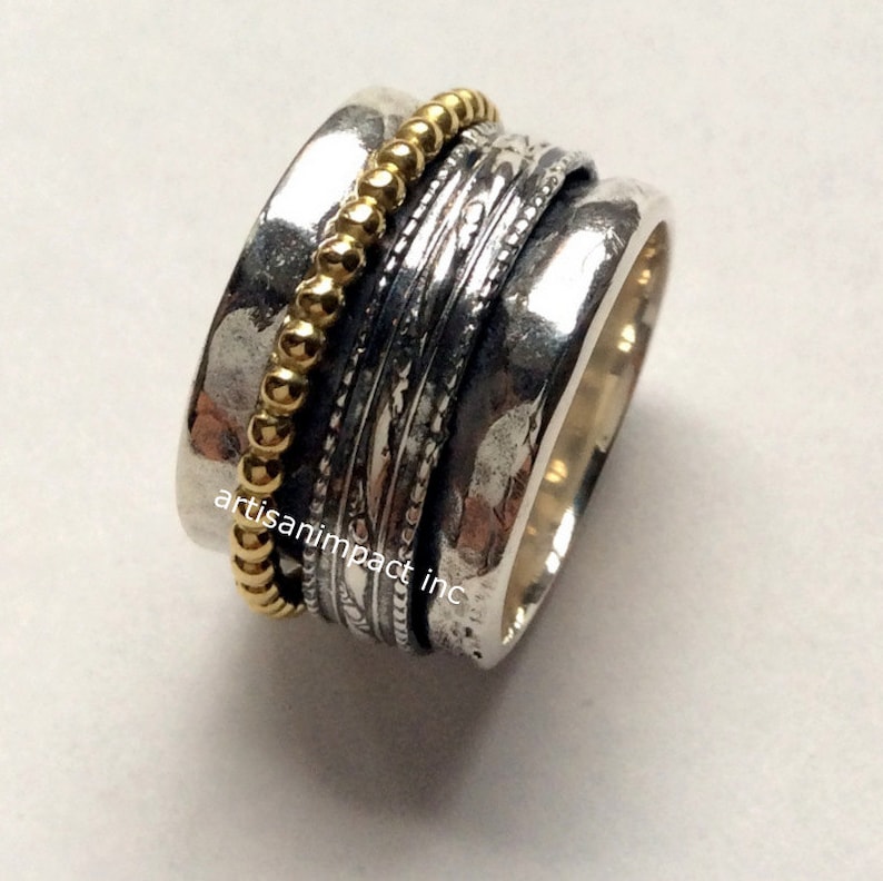 Wedding Band, Wide Oxidized Ring, Mixed Metal Ring, Wide Band, Spinners ...