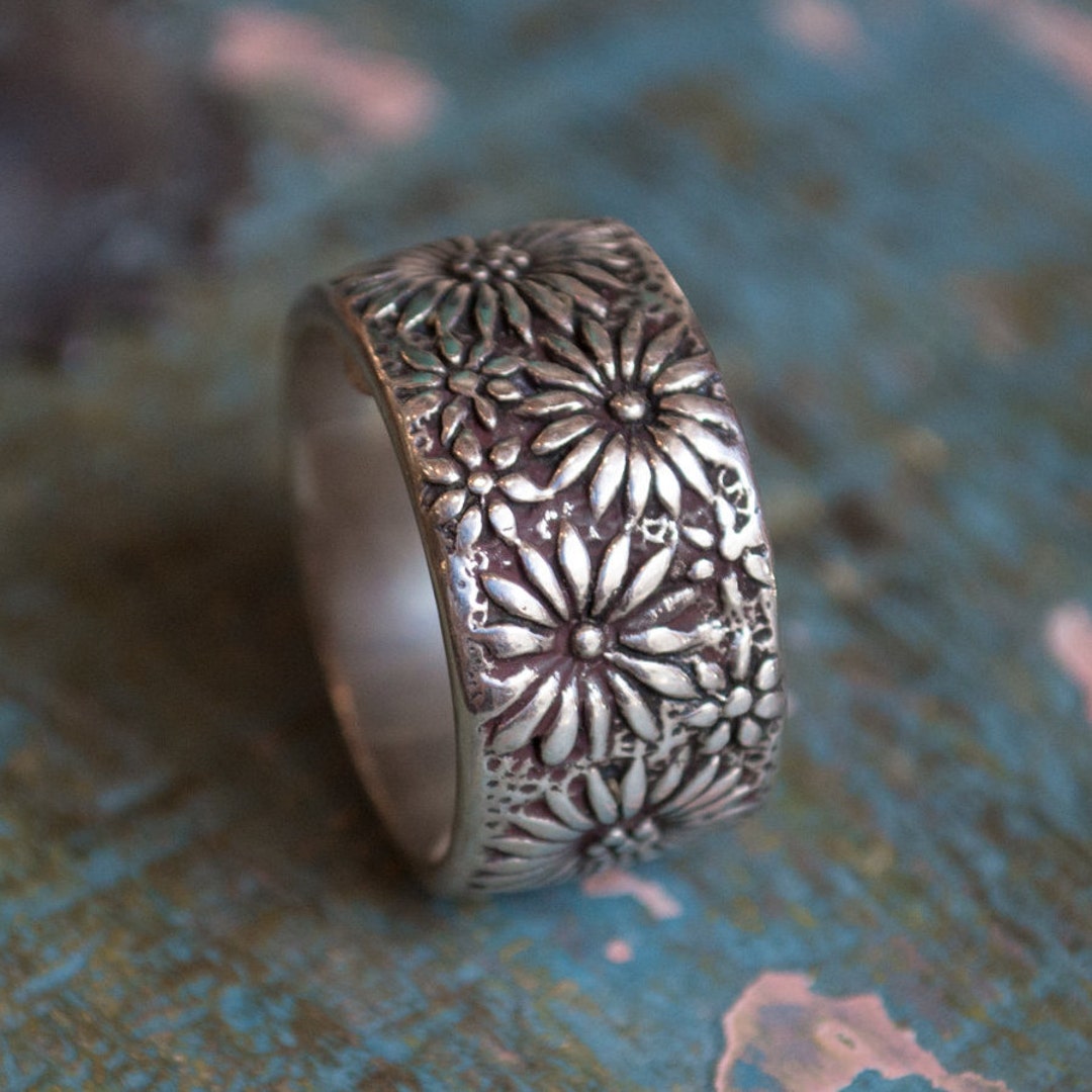 Silver Band, Wide Silver Band, Unisex Band, Floral Silver Ring, Silver ...