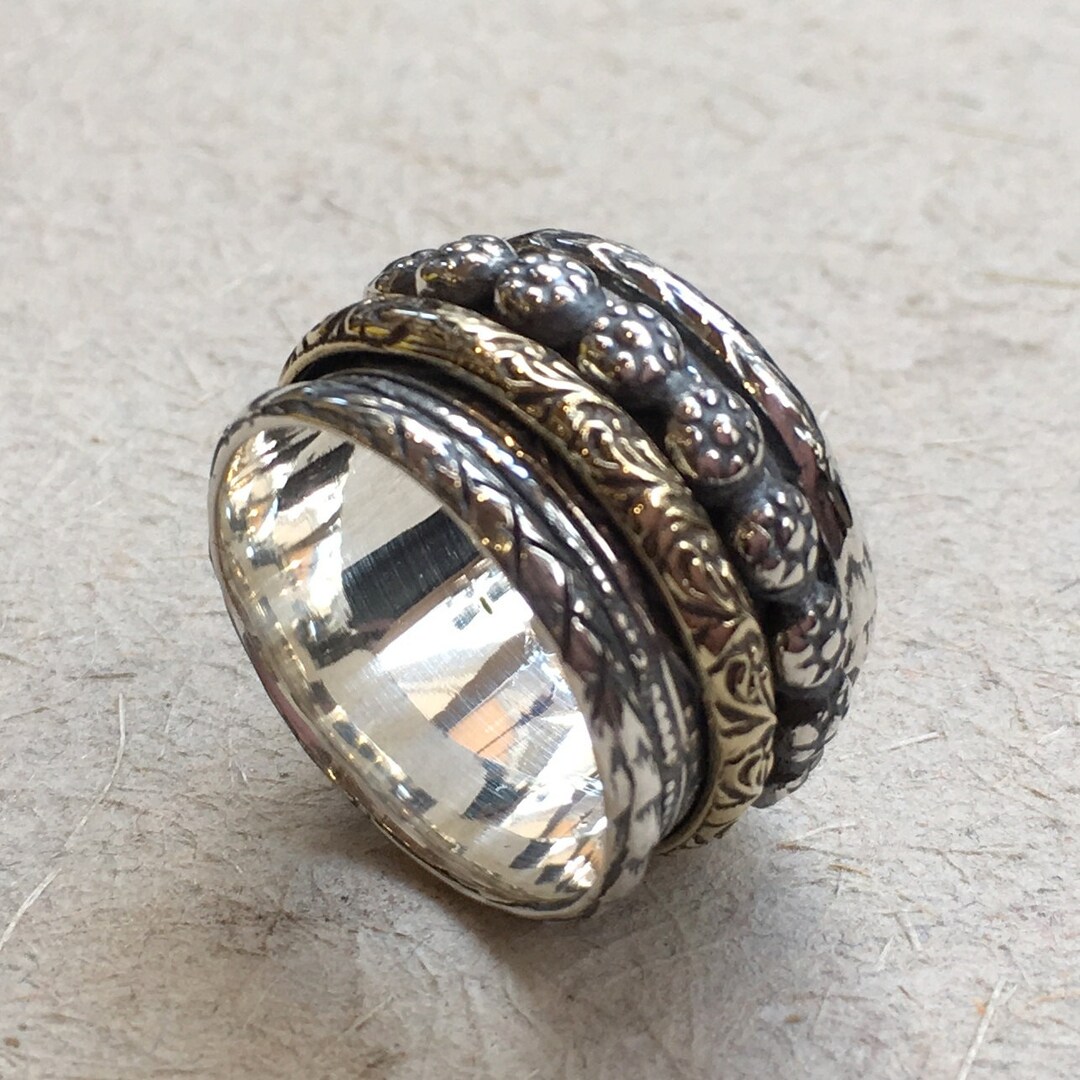 Sterling Silver Brass Band, Spinners Ring, Floral Band, Stacking Ring ...