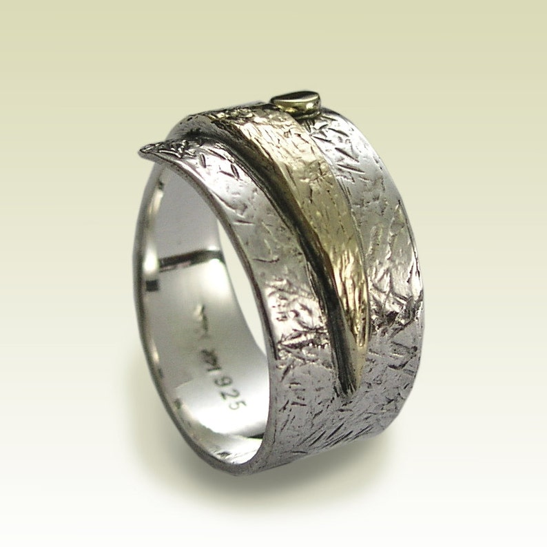 Sterling Silver Band, Rustic Band, Men's Ring, Silver Yellow Gold Band ...