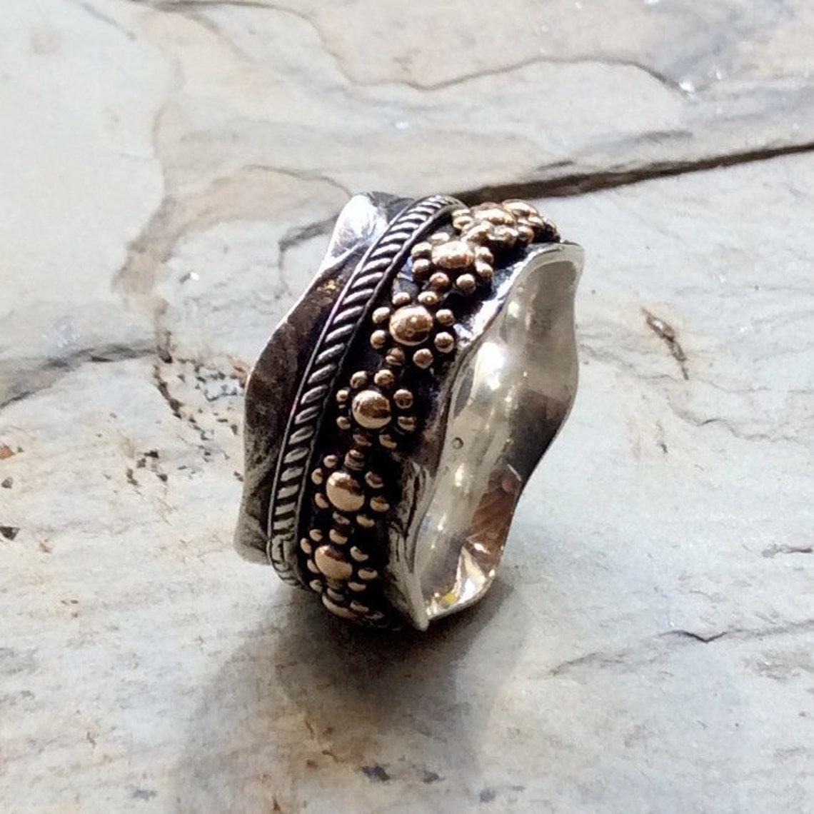 Stacking Spinner Ring, Silver Wedding Ring, Floral Ring, Gold Band ...