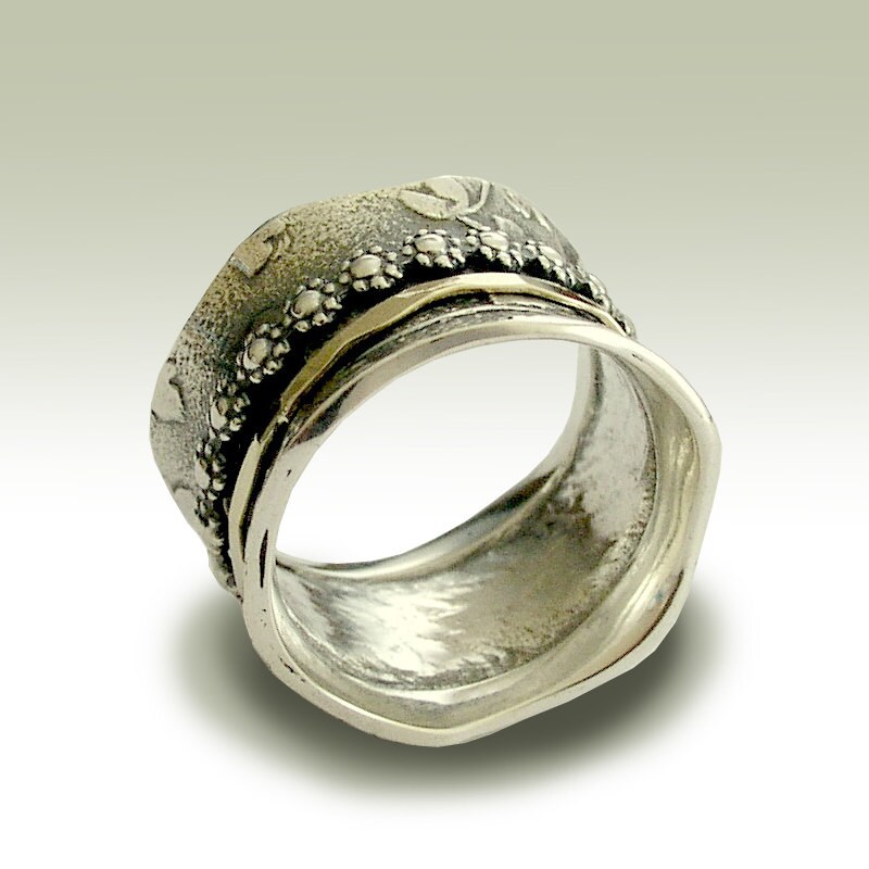 Silver Wedding Band, Silver and Gold Spinners, Floral Ring, Two Tones ...