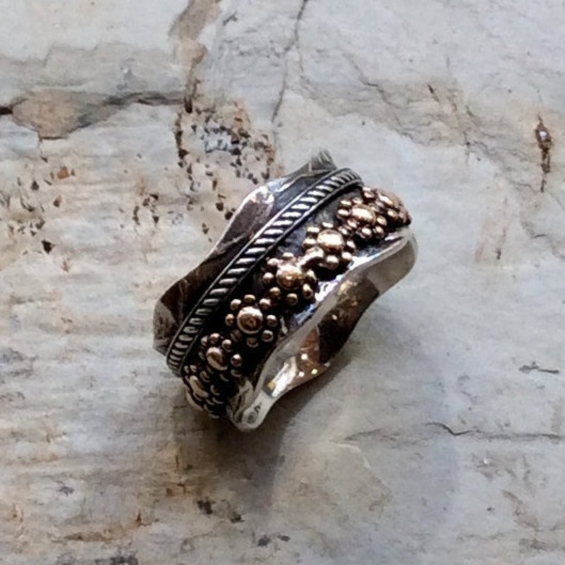 Stacking Spinner Ring, Silver Wedding Ring, Floral Ring, Gold Band ...